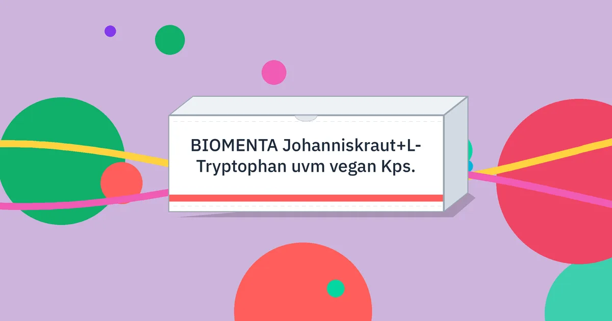 Symbolbild: Packung mit der Aufschrift BIOMENTA Johanniskraut+L-Tryptophan uvm vegan Kps. (PZN 16832582) – Verfügbarkeit und Bezug in Apotheken in Frankfurt am Main