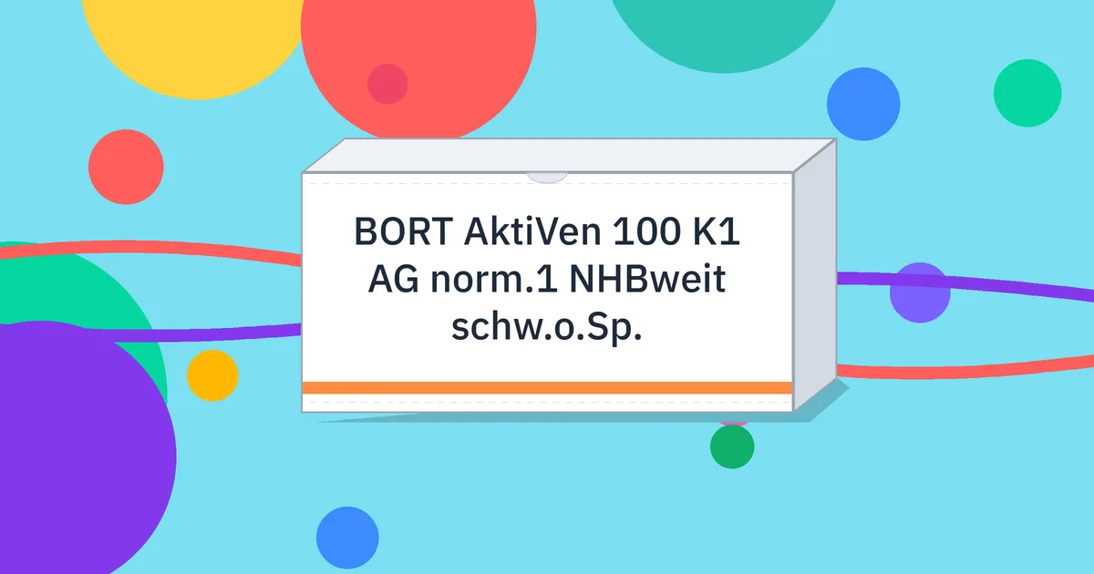 Symbolbild: Packung mit der Aufschrift BORT AktiVen 100 K1 AG norm.1 NHBweit schw.o.Sp. (PZN 14387617) – Verfügbarkeit und Bezug in Apotheken in Frankfurt am Main