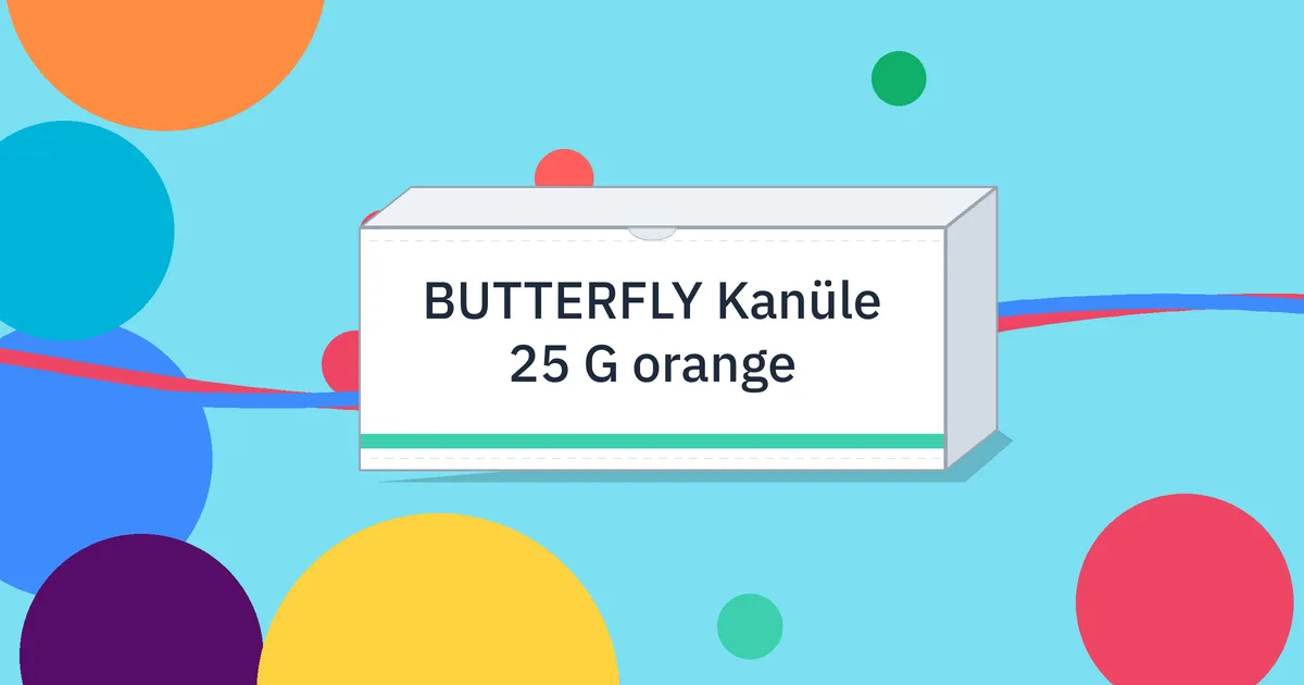 Symbolbild: Packung mit der Aufschrift BUTTERFLY Kanüle 25 G orange (PZN 06463333) – Verfügbarkeit und Bezug in Apotheken in Frankfurt am Main