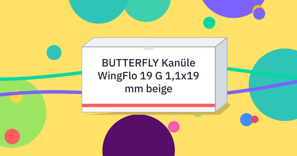 Symbolbild: Packung mit der Aufschrift BUTTERFLY Kanüle WingFlo 19 G 1,1x19 mm beige (PZN 18054918) – Verfügbarkeit und Bezug in Apotheken in Frankfurt am Main