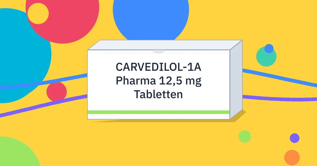 Symbolbild: Packung mit der Aufschrift CARVEDILOL-1A Pharma 12,5 mg Tabletten (PZN 00819059) – Verfügbarkeit und Bezug in Apotheken in Frankfurt am Main