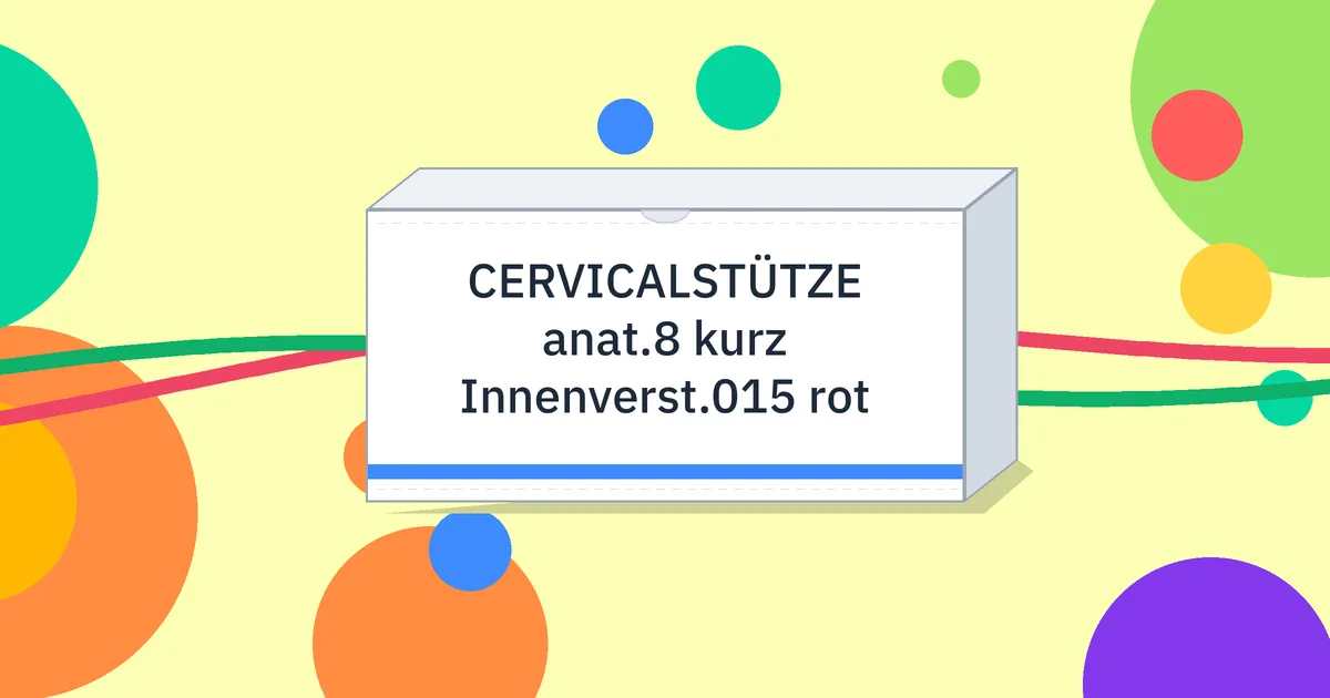 Symbolbild: Packung mit der Aufschrift CERVICALSTÜTZE anat.8 kurz Innenverst.015 rot (PZN 08894965) – Verfügbarkeit und Bezug in Apotheken in Frankfurt am Main