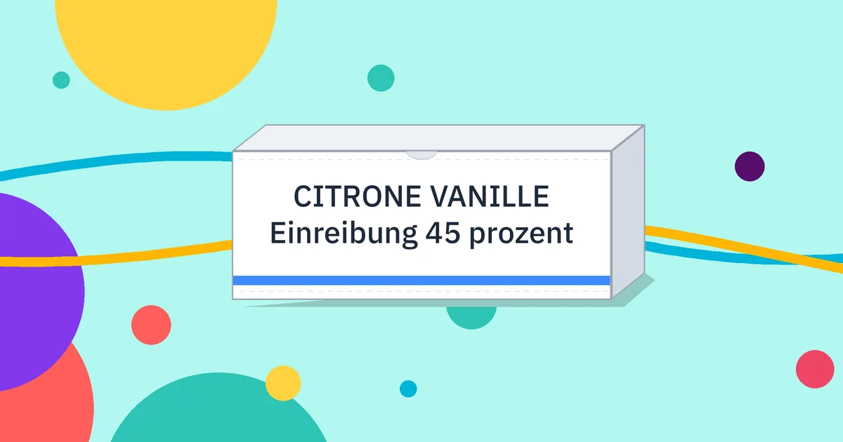 Symbolbild: Packung mit der Aufschrift CITRONE VANILLE Einreibung 45 prozent (PZN 04979742) – Verfügbarkeit und Bezug in Apotheken in Frankfurt am Main