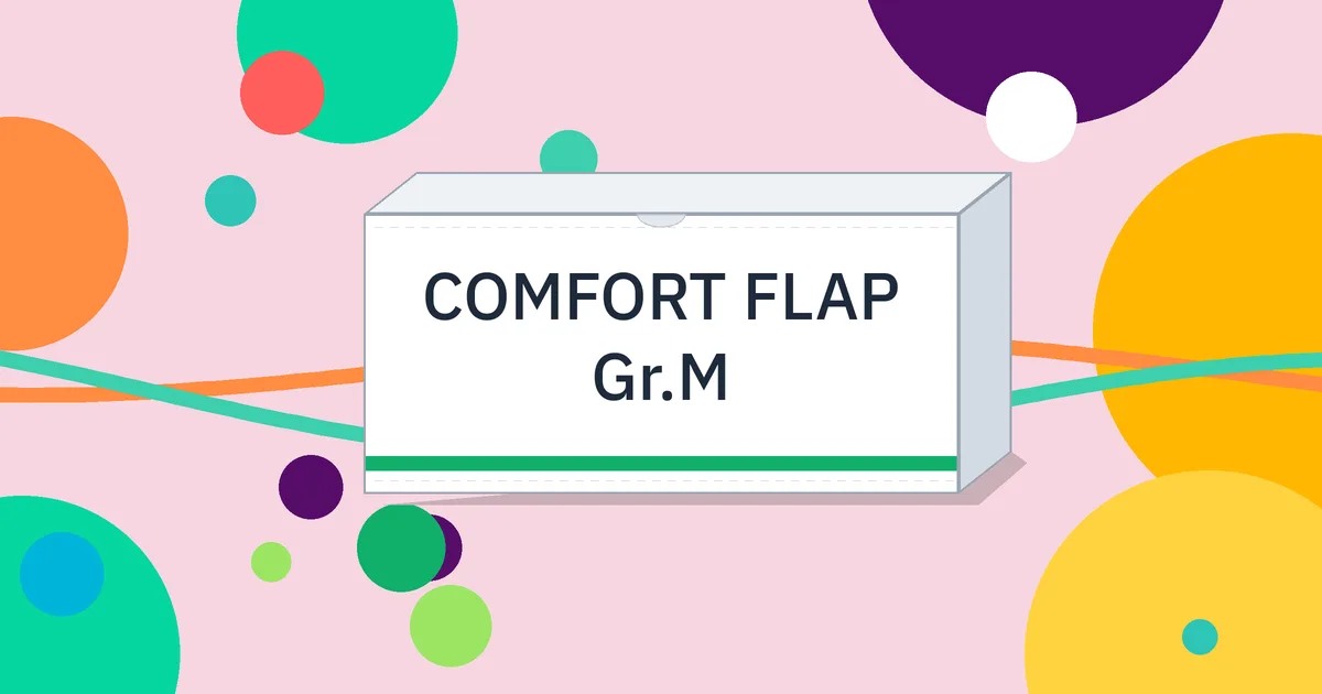 Symbolbild: Packung mit der Aufschrift COMFORT FLAP Gr.M (PZN 02758988) – Verfügbarkeit und Bezug in Apotheken in Frankfurt am Main