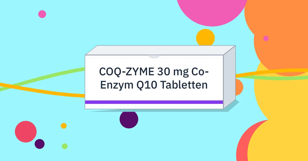 Symbolbild: Packung mit der Aufschrift COQ-ZYME 30 mg Co-Enzym Q10 Tabletten (PZN 16954606) – Verfügbarkeit und Bezug in Apotheken in Frankfurt am Main
