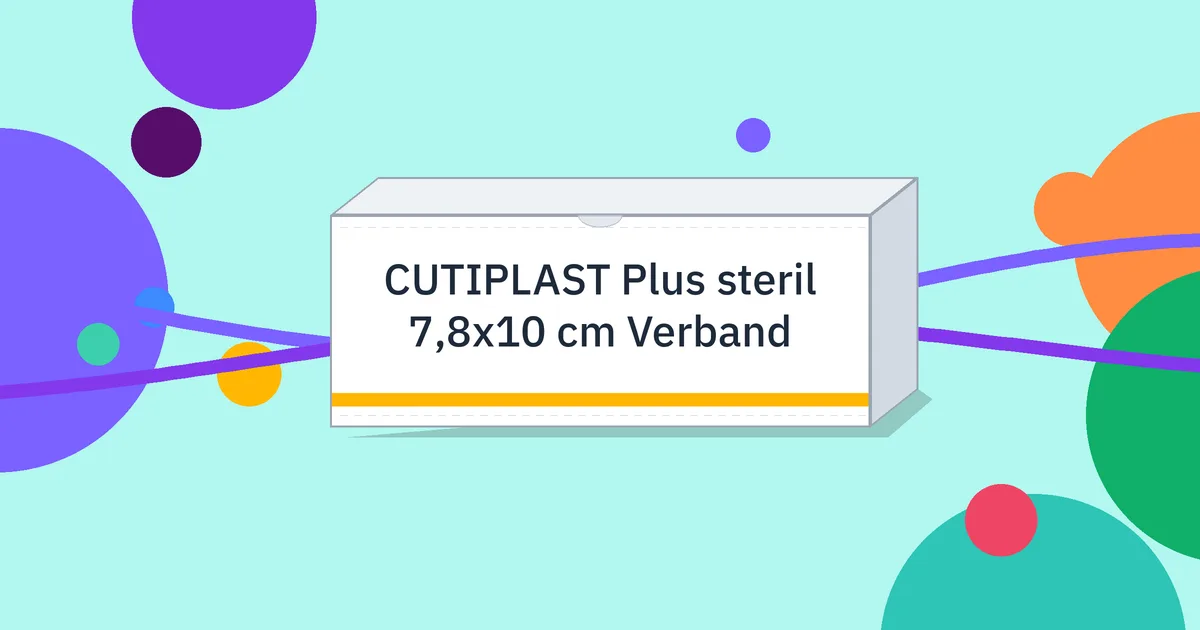 Symbolbild: Packung mit der Aufschrift CUTIPLAST Plus steril 7,8x10 cm Verband (PZN 09755579) – Verfügbarkeit und Bezug in Apotheken in Frankfurt am Main