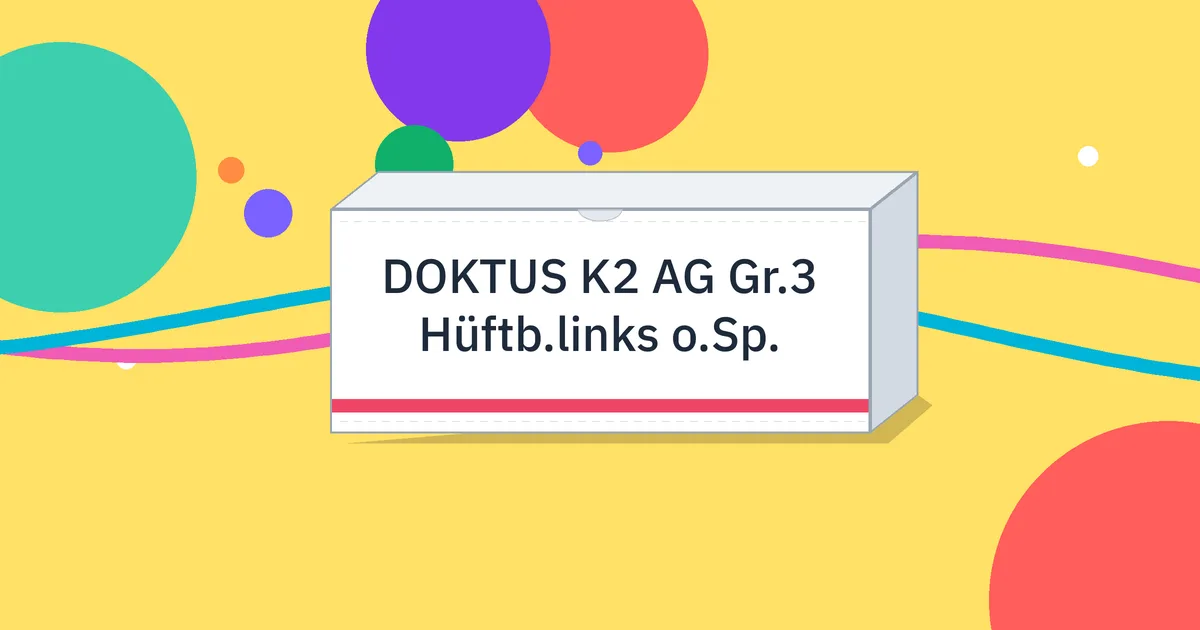 Symbolbild: Packung mit der Aufschrift DOKTUS K2 AG Gr.3 Hüftb.links o.Sp. (PZN 03310853) – Verfügbarkeit und Bezug in Apotheken in Frankfurt am Main