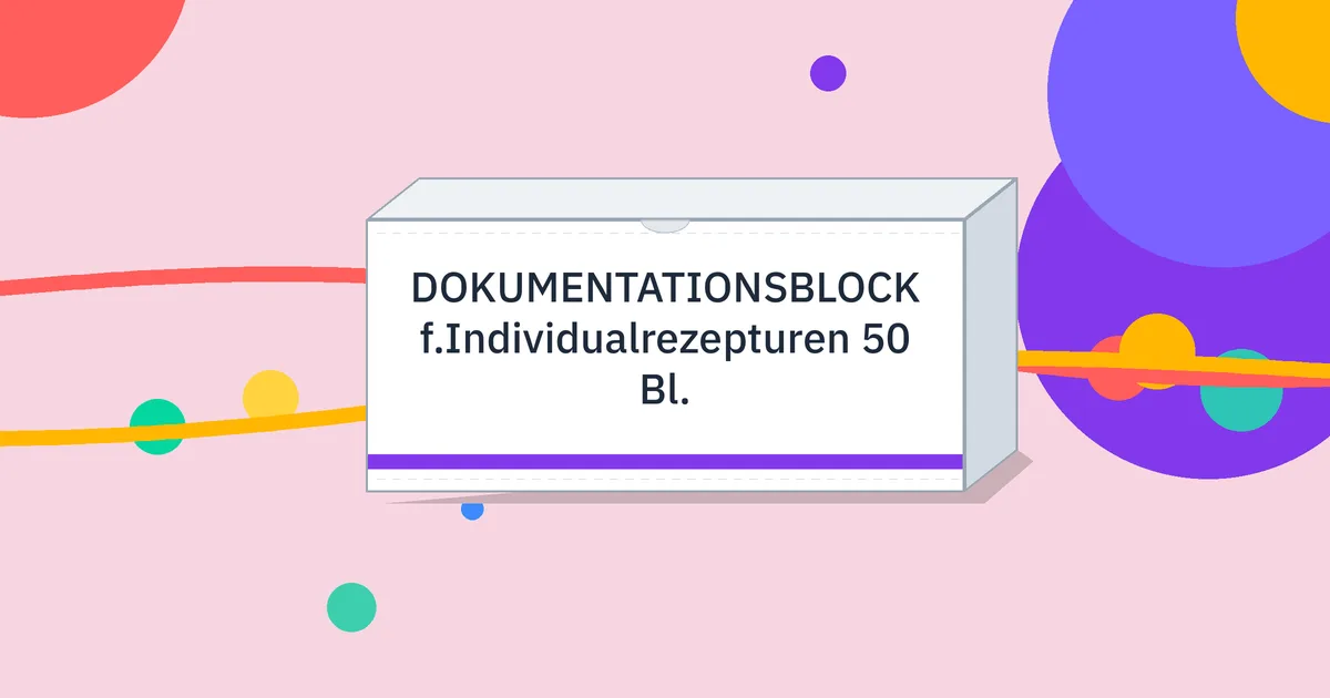 Symbolbild: Packung mit der Aufschrift DOKUMENTATIONSBLOCK f.Individualrezepturen 50 Bl. (PZN 09943157) – Verfügbarkeit und Bezug in Apotheken in Frankfurt am Main