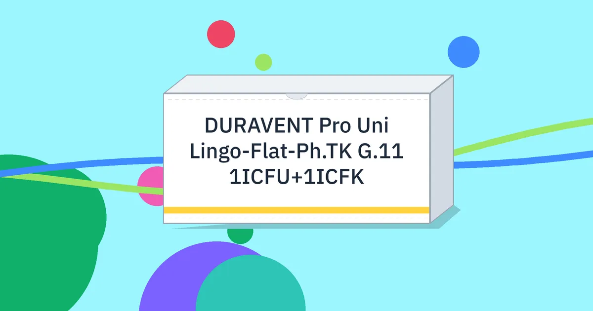 Symbolbild: Packung mit der Aufschrift DURAVENT Pro Uni Lingo-Flat-Ph.TK G.11 1ICFU+1ICFK (PZN 19273031) – Verfügbarkeit und Bezug in Apotheken in Frankfurt am Main
