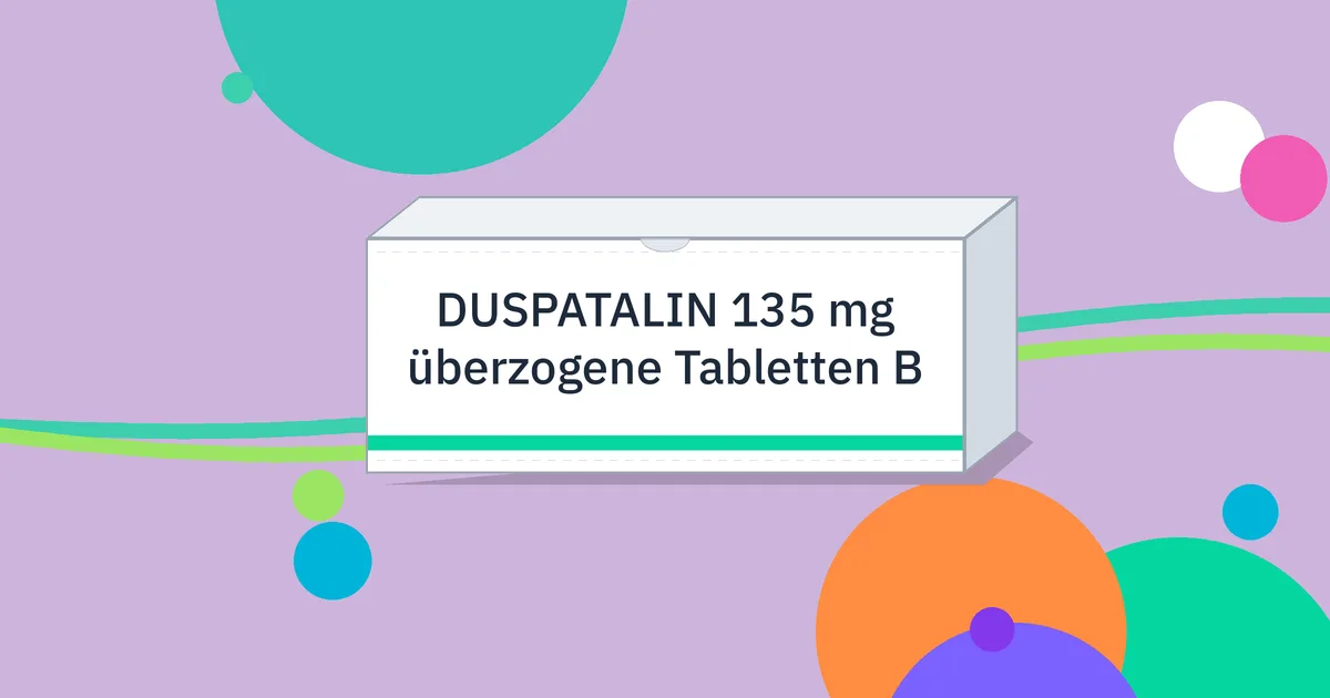 Symbolbild: Packung mit der Aufschrift DUSPATALIN 135 mg überzogene Tabletten B (PZN 06467124) – Verfügbarkeit und Bezug in Apotheken in Frankfurt am Main