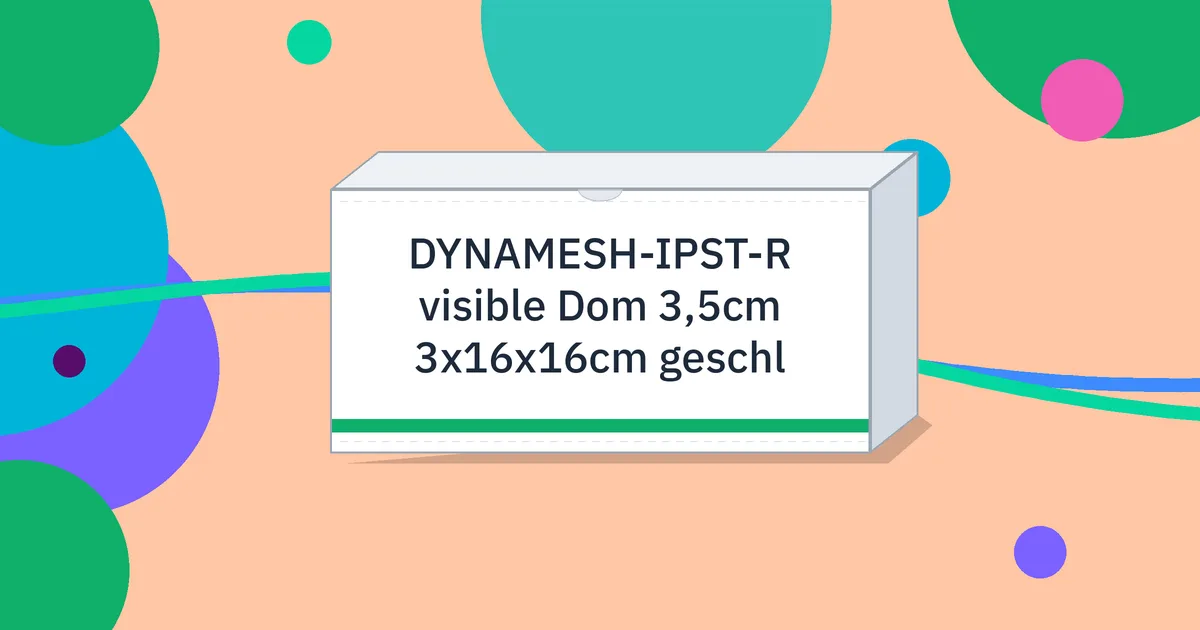 Symbolbild: Packung mit der Aufschrift DYNAMESH-IPST-R visible Dom 3,5cm 3x16x16cm geschl (PZN 19389377) – Verfügbarkeit und Bezug in Apotheken in Frankfurt am Main