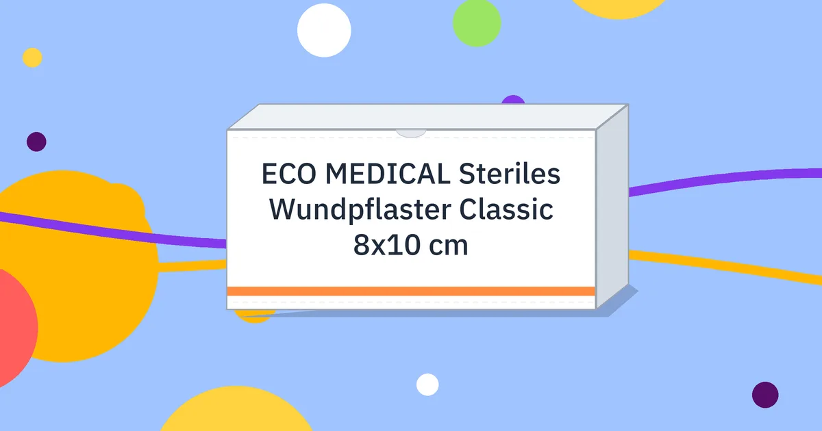 Symbolbild: Packung mit der Aufschrift ECO MEDICAL Steriles Wundpflaster Classic 8x10 cm (PZN 13515289) – Verfügbarkeit und Bezug in Apotheken in Frankfurt am Main