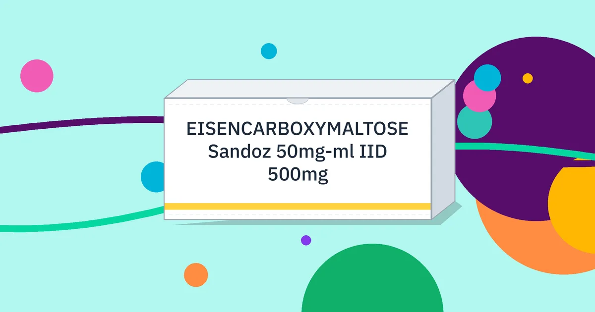Symbolbild: Packung mit der Aufschrift EISENCARBOXYMALTOSE Sandoz 50mg-ml IID 500mg (PZN 20003584) – Verfügbarkeit und Bezug in Apotheken in Frankfurt am Main