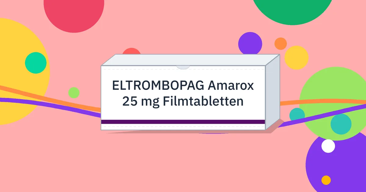 Symbolbild: Packung mit der Aufschrift ELTROMBOPAG Amarox 25 mg Filmtabletten (PZN 19708523) – Verfügbarkeit und Bezug in Apotheken in Frankfurt am Main