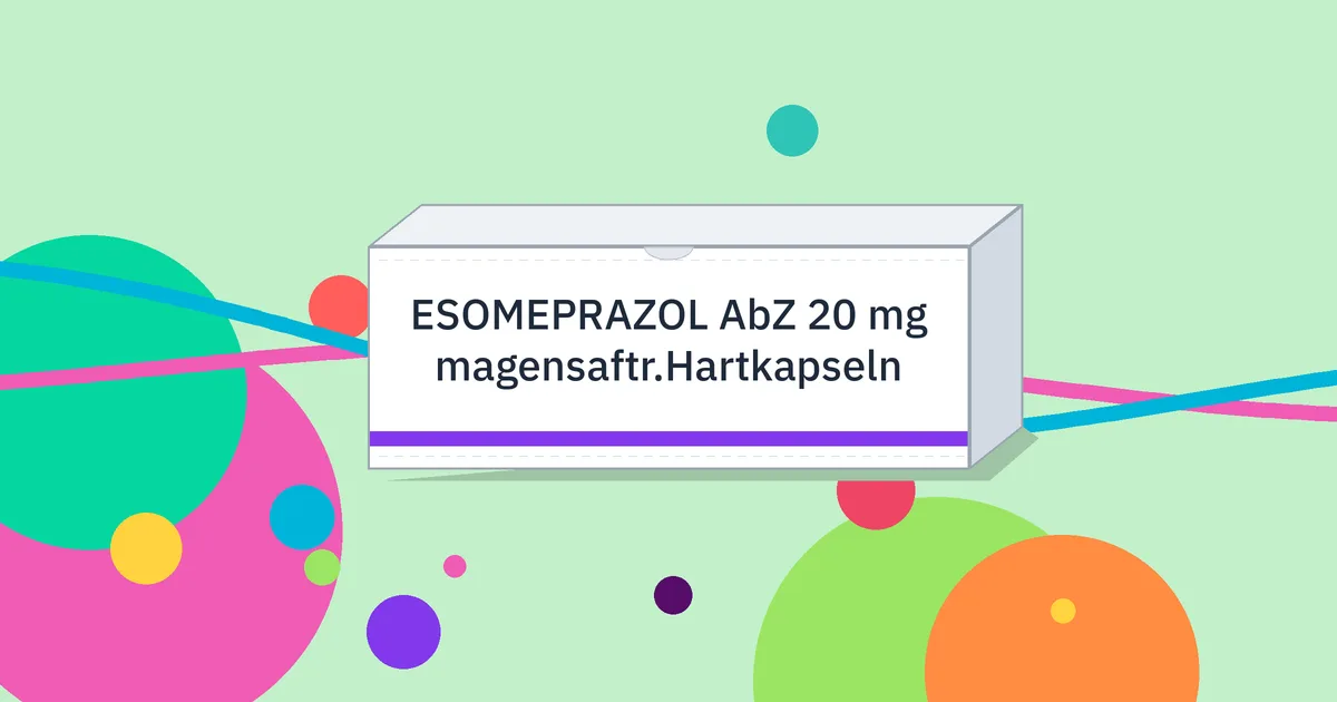 Symbolbild: Packung mit der Aufschrift ESOMEPRAZOL AbZ 20 mg magensaftr.Hartkapseln (PZN 06465332) – Verfügbarkeit und Bezug in Apotheken in Frankfurt am Main