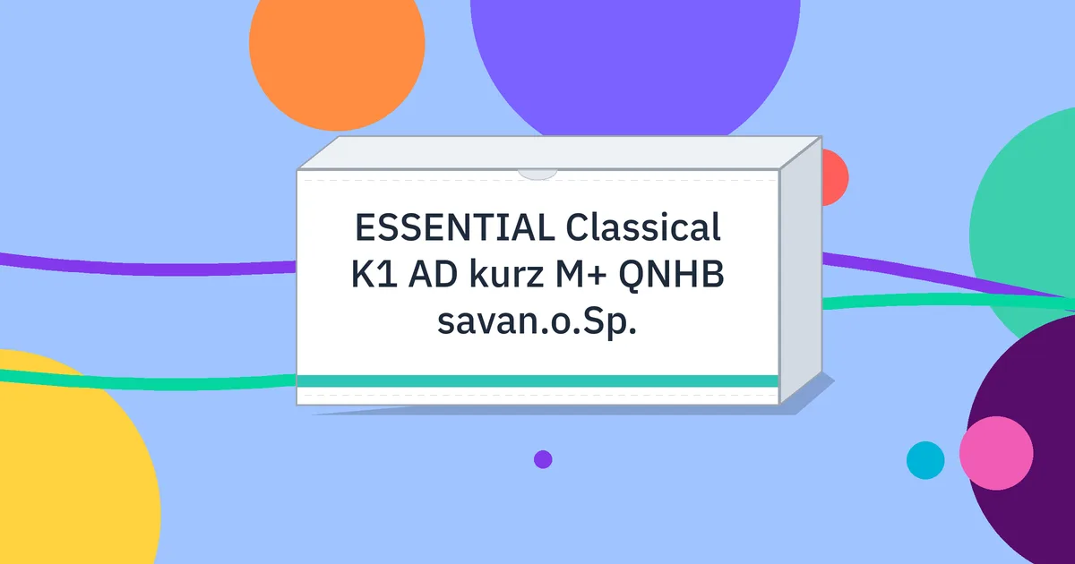 Symbolbild: Packung mit der Aufschrift ESSENTIAL Classical K1 AD kurz M+ QNHB savan.o.Sp. (PZN 18866616) – Verfügbarkeit und Bezug in Apotheken in Frankfurt am Main