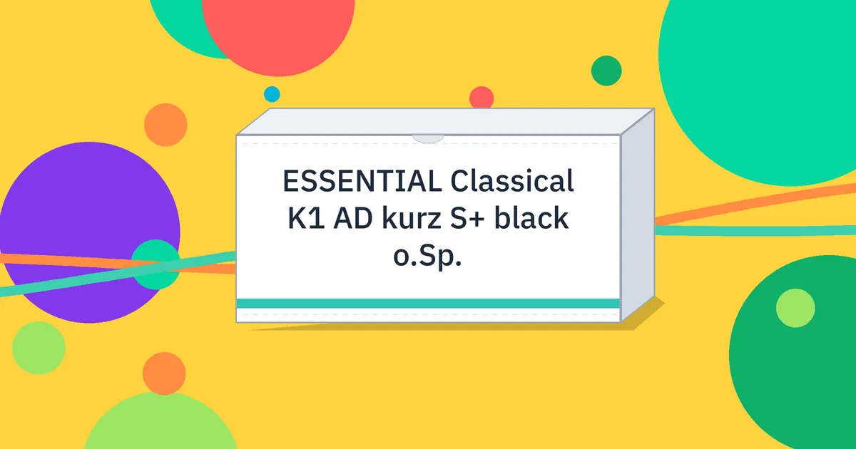 Symbolbild: Packung mit der Aufschrift ESSENTIAL Classical K1 AD kurz S+ black o.Sp. (PZN 17004195) – Verfügbarkeit und Bezug in Apotheken in Frankfurt am Main