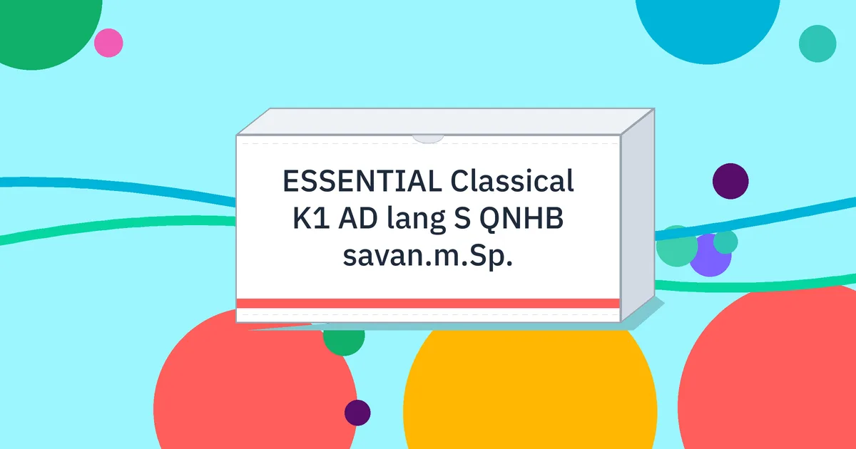 Symbolbild: Packung mit der Aufschrift ESSENTIAL Classical K1 AD lang S QNHB savan.m.Sp. (PZN 18867113) – Verfügbarkeit und Bezug in Apotheken in Frankfurt am Main
