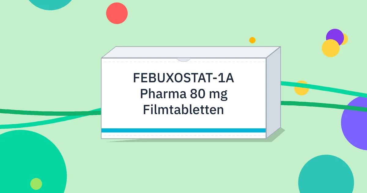 Symbolbild: Packung mit der Aufschrift FEBUXOSTAT-1A Pharma 80 mg Filmtabletten (PZN 14336991) – Verfügbarkeit und Bezug in Apotheken in Frankfurt am Main