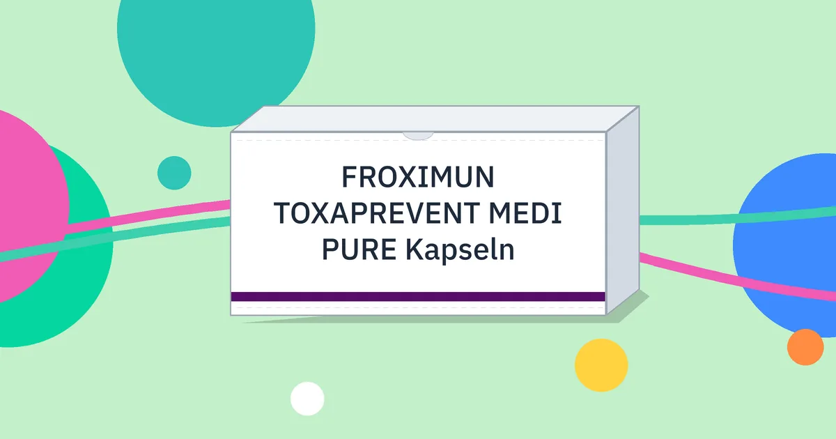 Symbolbild: Packung mit der Aufschrift FROXIMUN TOXAPREVENT MEDI PURE Kapseln (PZN 12380373) – Verfügbarkeit und Bezug in Apotheken in Frankfurt am Main