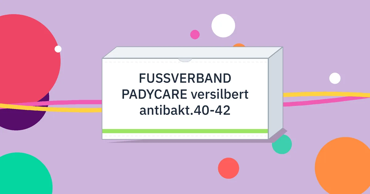Symbolbild: Packung mit der Aufschrift FUSSVERBAND PADYCARE versilbert antibakt.40-42 (PZN 10940098) – Verfügbarkeit und Bezug in Apotheken in Frankfurt am Main