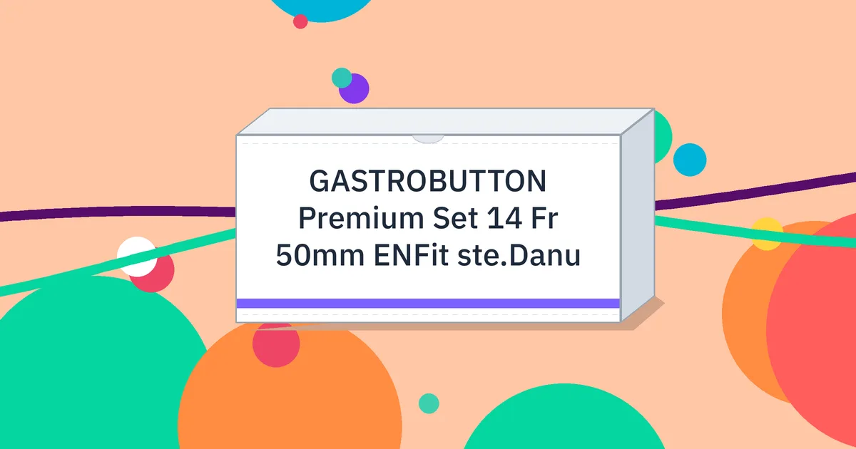 Symbolbild: Packung mit der Aufschrift GASTROBUTTON Premium Set 14 Fr 50mm ENFit ste.Danu (PZN 16883533) – Verfügbarkeit und Bezug in Apotheken in Frankfurt am Main