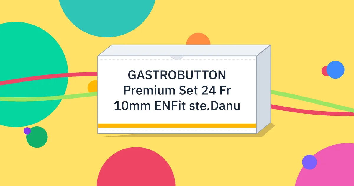 Symbolbild: Packung mit der Aufschrift GASTROBUTTON Premium Set 24 Fr 10mm ENFit ste.Danu (PZN 16884082) – Verfügbarkeit und Bezug in Apotheken in Frankfurt am Main