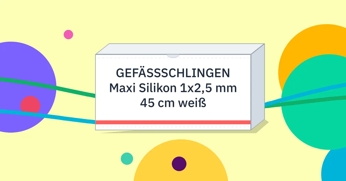 Symbolbild: Packung mit der Aufschrift GEFÄSSSCHLINGEN Maxi Silikon 1x2,5 mm 45 cm weiß (PZN 04500716) – Verfügbarkeit und Bezug in Apotheken in Frankfurt am Main