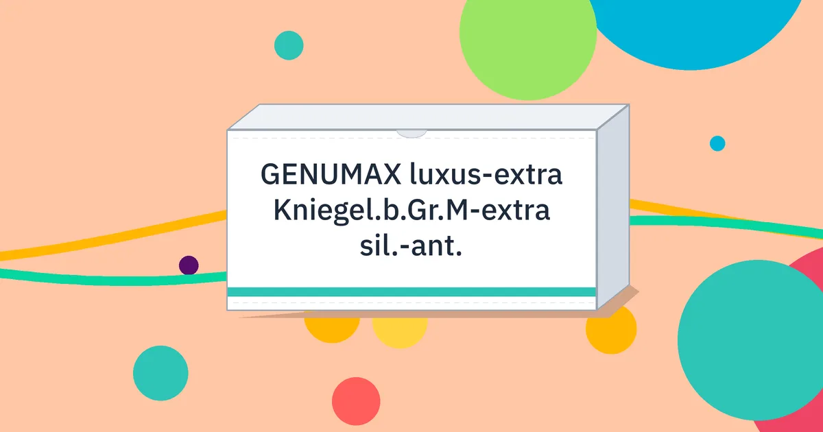 Symbolbild: Packung mit der Aufschrift GENUMAX luxus-extra Kniegel.b.Gr.M-extra sil.-ant. (PZN 11329051) – Verfügbarkeit und Bezug in Apotheken in Frankfurt am Main