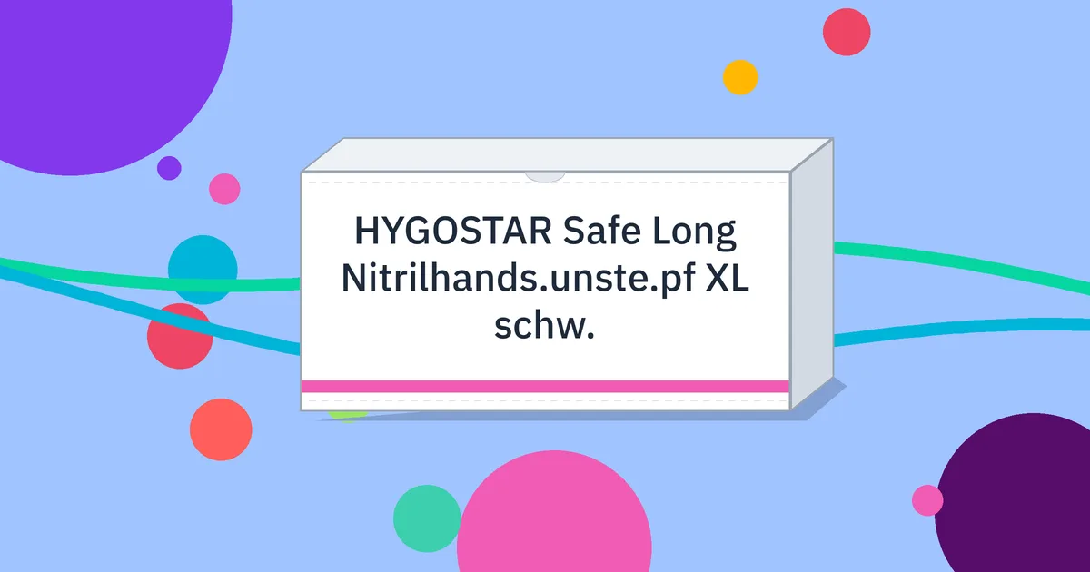 Symbolbild: Packung mit der Aufschrift HYGOSTAR Safe Long Nitrilhands.unste.pf XL schw. (PZN 20772495) – Verfügbarkeit und Bezug in Apotheken in Frankfurt am Main