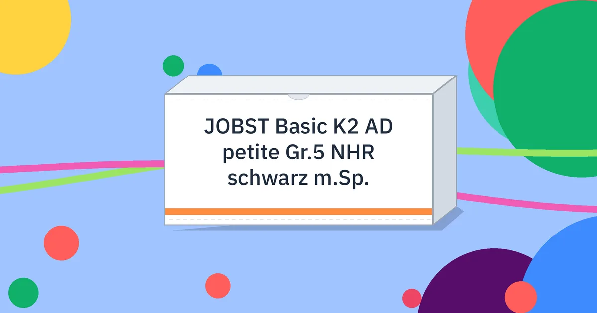 Symbolbild: Packung mit der Aufschrift JOBST Basic K2 AD petite Gr.5 NHR schwarz m.Sp. (PZN 15313302) – Verfügbarkeit und Bezug in Apotheken in Frankfurt am Main