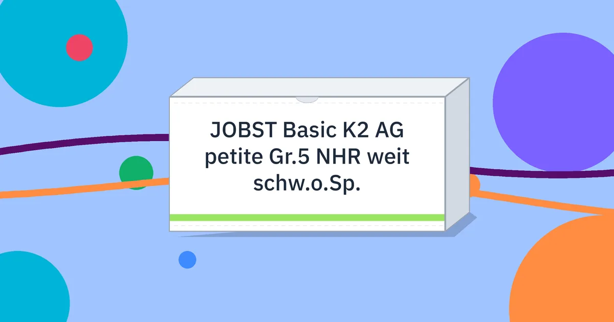 Symbolbild: Packung mit der Aufschrift JOBST Basic K2 AG petite Gr.5 NHR weit schw.o.Sp. (PZN 15311438) – Verfügbarkeit und Bezug in Apotheken in Frankfurt am Main