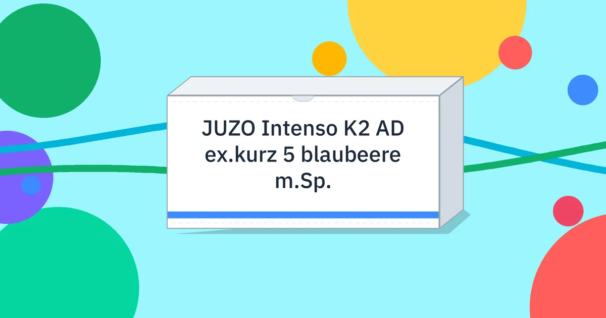 Symbolbild: Packung mit der Aufschrift JUZO Intenso K2 AD ex.kurz 5 blaubeere m.Sp. (PZN 18608133) – Verfügbarkeit und Bezug in Apotheken in Frankfurt am Main