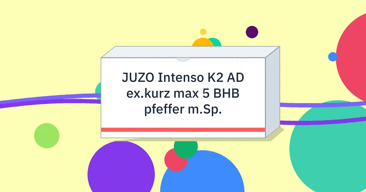 Symbolbild: Packung mit der Aufschrift JUZO Intenso K2 AD ex.kurz max 5 BHB pfeffer m.Sp. (PZN 18613743) – Verfügbarkeit und Bezug in Apotheken in Frankfurt am Main