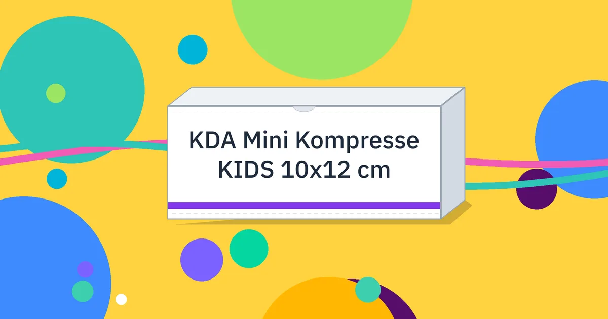 Symbolbild: Packung mit der Aufschrift KDA Mini Kompresse KIDS 10x12 cm (PZN 20083896) – Verfügbarkeit und Bezug in Apotheken in Frankfurt am Main