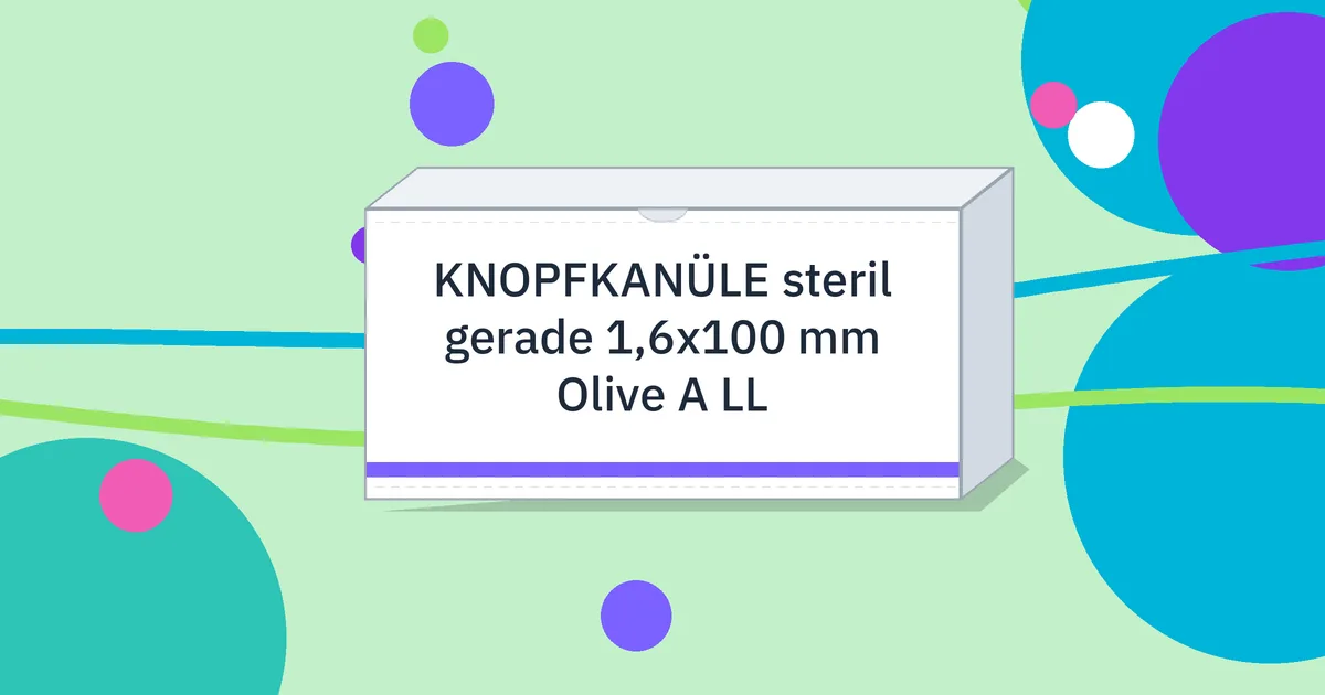 Symbolbild: Packung mit der Aufschrift KNOPFKANÜLE steril gerade 1,6x100 mm Olive A LL (PZN 19978010) – Verfügbarkeit und Bezug in Apotheken in Frankfurt am Main