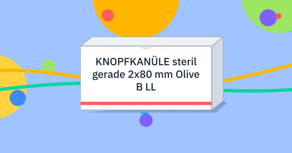 Symbolbild: Packung mit der Aufschrift KNOPFKANÜLE steril gerade 2x80 mm Olive B LL (PZN 19978033) – Verfügbarkeit und Bezug in Apotheken in Frankfurt am Main