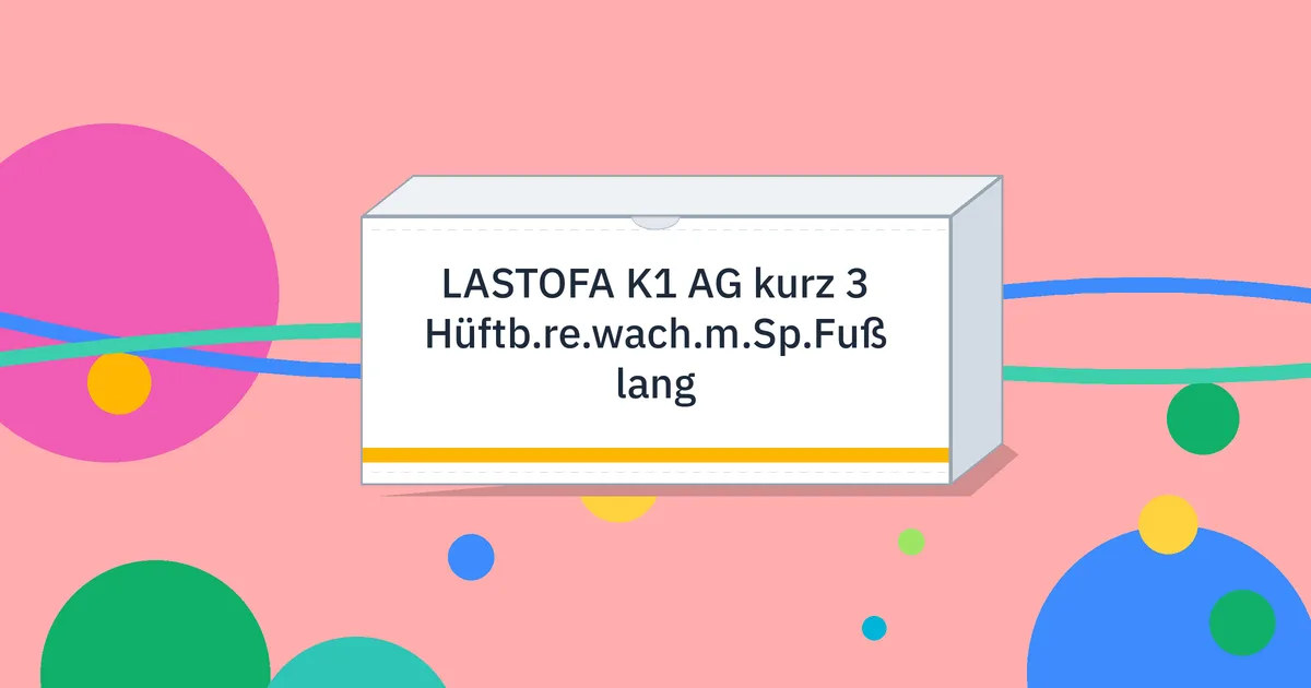Symbolbild: Packung mit der Aufschrift LASTOFA K1 AG kurz 3 Hüftb.re.wach.m.Sp.Fuß lang (PZN 13798117) – Verfügbarkeit und Bezug in Apotheken in Frankfurt am Main