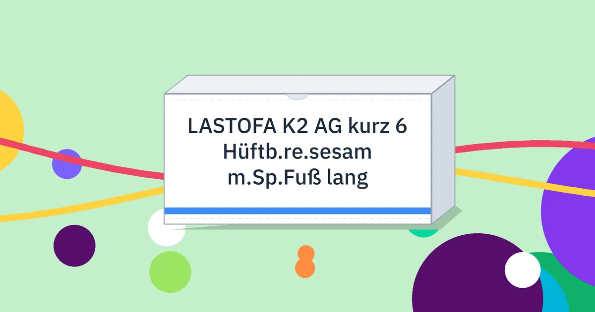 Symbolbild: Packung mit der Aufschrift LASTOFA K2 AG kurz 6 Hüftb.re.sesam m.Sp.Fuß lang (PZN 13812403) – Verfügbarkeit und Bezug in Apotheken in Frankfurt am Main