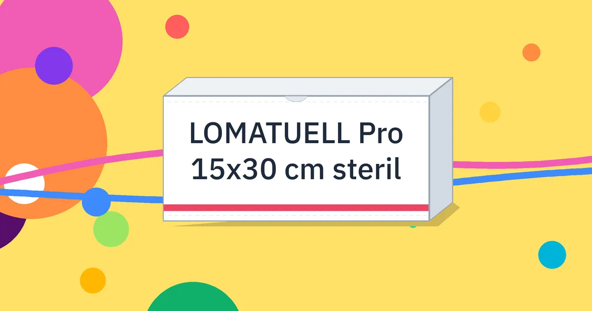 Symbolbild: Packung mit der Aufschrift LOMATUELL Pro 15x30 cm steril (PZN 19627658) – Verfügbarkeit und Bezug in Apotheken in Frankfurt am Main