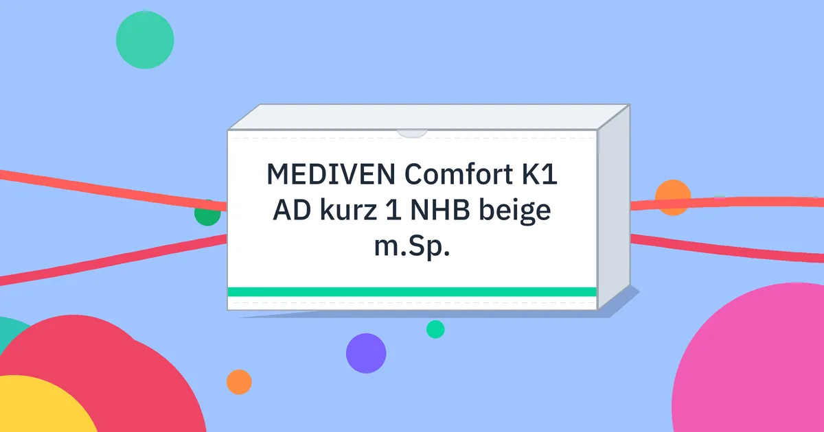 Symbolbild: Packung mit der Aufschrift MEDIVEN Comfort K1 AD kurz 1 NHB beige m.Sp. (PZN 14556824) – Verfügbarkeit und Bezug in Apotheken in Frankfurt am Main