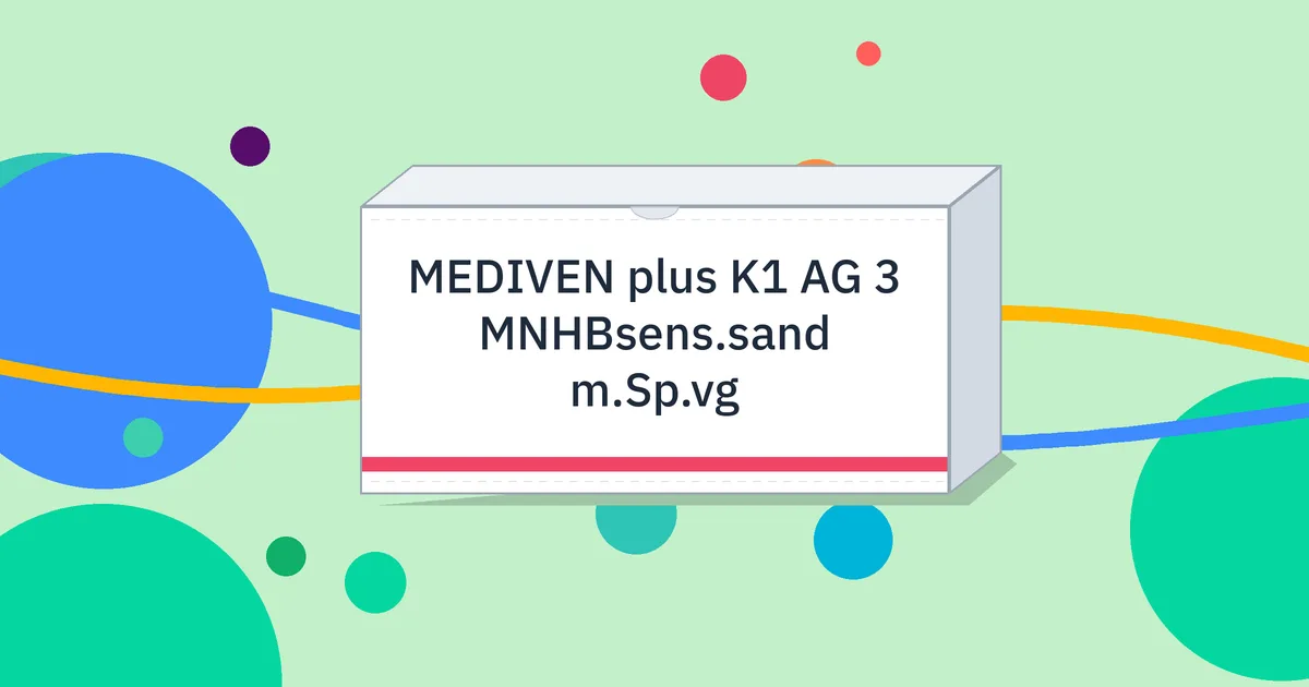 Symbolbild: Packung mit der Aufschrift MEDIVEN plus K1 AG 3 MNHBsens.sand m.Sp.vg (PZN 18941016) – Verfügbarkeit und Bezug in Apotheken in Frankfurt am Main