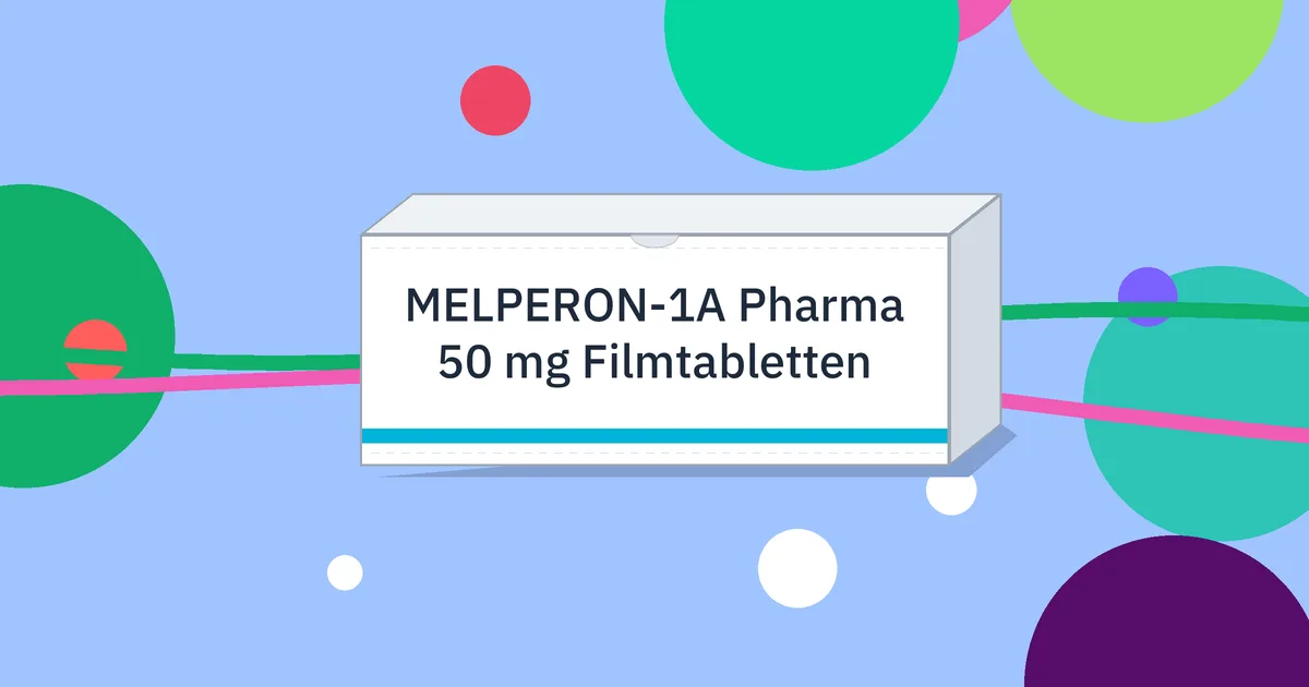 Symbolbild: Packung mit der Aufschrift MELPERON-1A Pharma 50 mg Filmtabletten (PZN 13857564) – Verfügbarkeit und Bezug in Apotheken in Frankfurt am Main