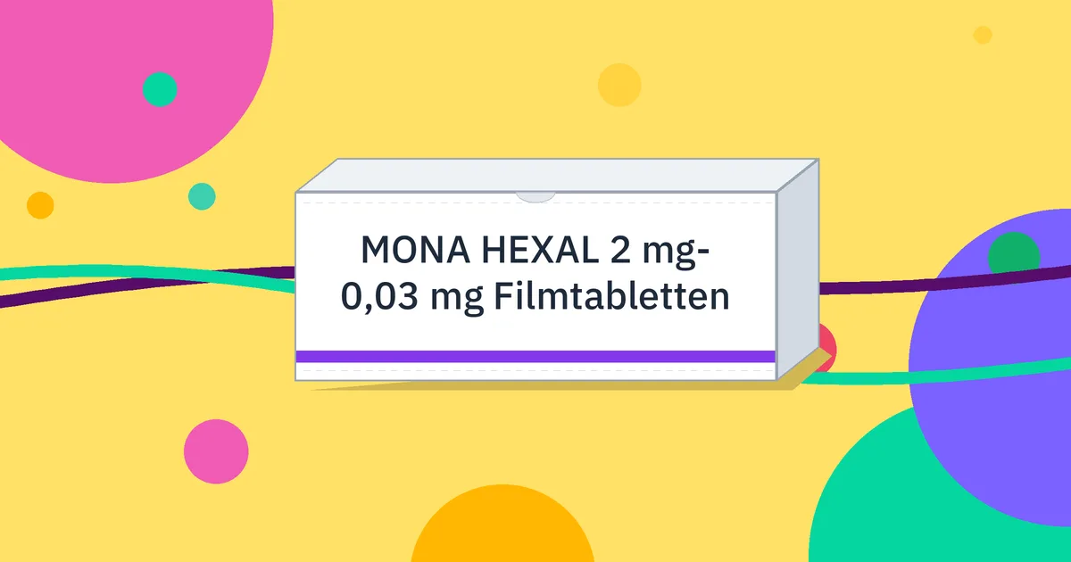 Symbolbild: Packung mit der Aufschrift MONA HEXAL 2 mg-0,03 mg Filmtabletten (PZN 06094315) – Verfügbarkeit und Bezug in Apotheken in Frankfurt am Main