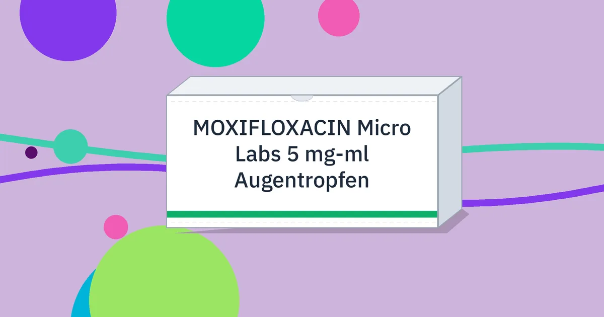 Symbolbild: Packung mit der Aufschrift MOXIFLOXACIN Micro Labs 5 mg-ml Augentropfen (PZN 16385657) – Verfügbarkeit und Bezug in Apotheken in Frankfurt am Main