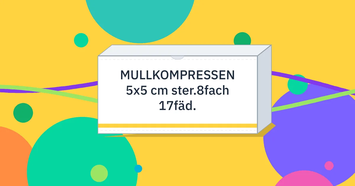 Symbolbild: Packung mit der Aufschrift MULLKOMPRESSEN 5x5 cm ster.8fach 17fäd. (PZN 06929091) – Verfügbarkeit und Bezug in Apotheken in Frankfurt am Main