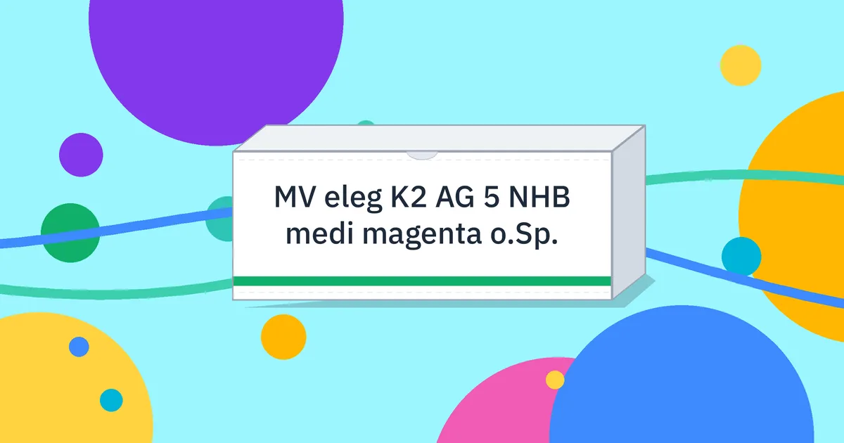 Symbolbild: Packung mit der Aufschrift MV eleg K2 AG 5 NHB medi magenta o.Sp. (PZN 15730402) – Verfügbarkeit und Bezug in Apotheken in Frankfurt am Main