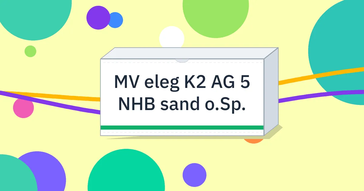 Symbolbild: Packung mit der Aufschrift MV eleg K2 AG 5 NHB sand o.Sp. (PZN 18928978) – Verfügbarkeit und Bezug in Apotheken in Frankfurt am Main