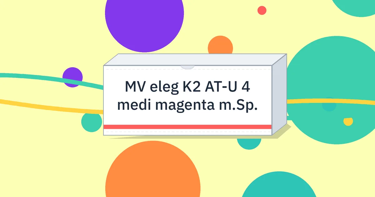 Symbolbild: Packung mit der Aufschrift MV eleg K2 AT-U 4 medi magenta m.Sp. (PZN 15290475) – Verfügbarkeit und Bezug in Apotheken in Frankfurt am Main