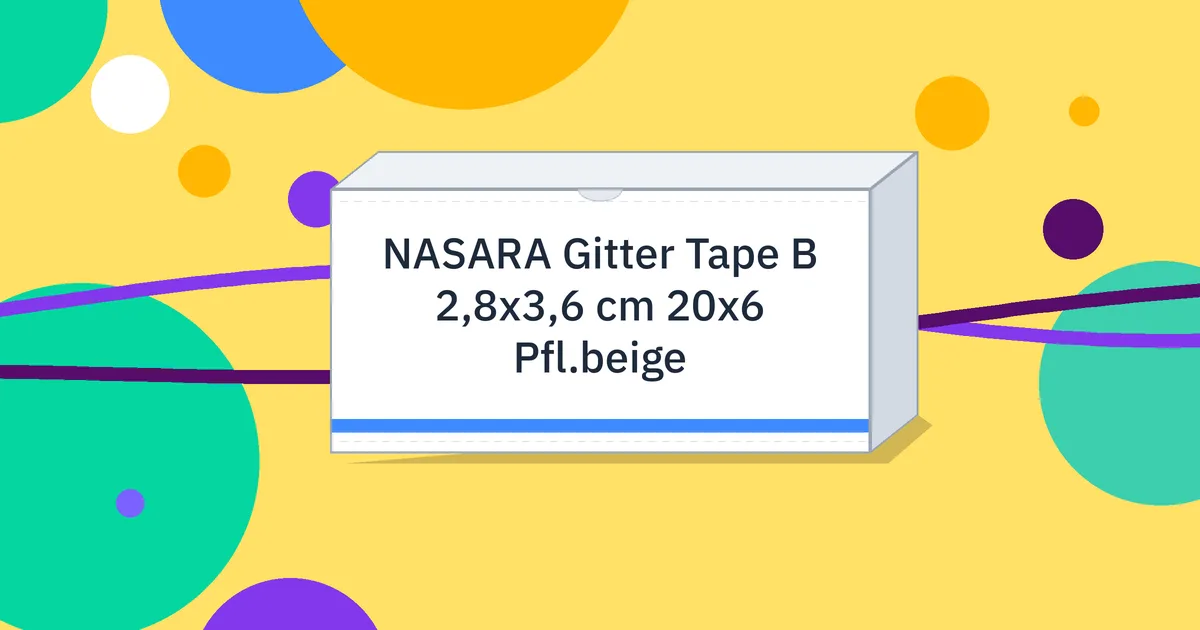Symbolbild: Packung mit der Aufschrift NASARA Gitter Tape B 2,8x3,6 cm 20x6 Pfl.beige (PZN 19508391) – Verfügbarkeit und Bezug in Apotheken in Frankfurt am Main